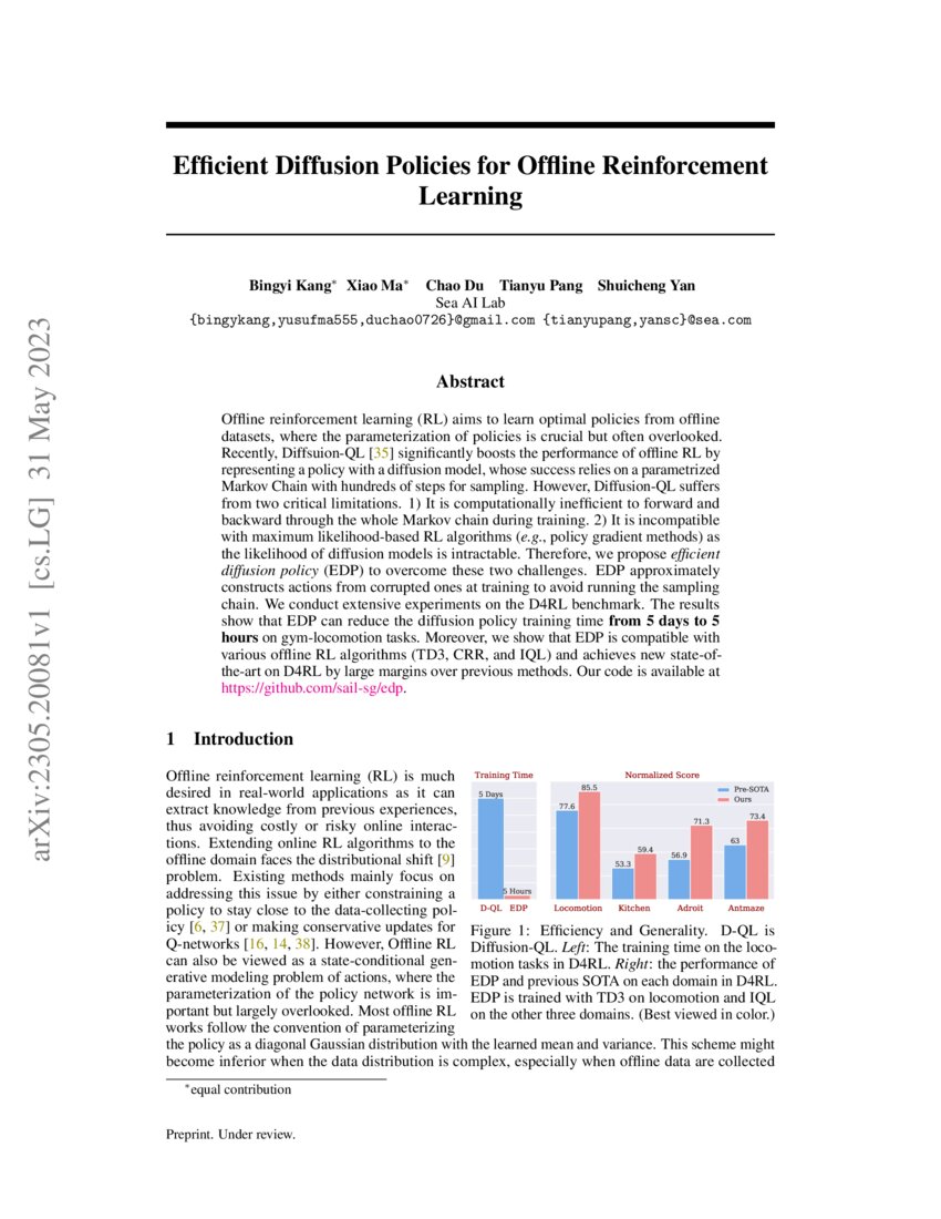 Efficient Diffusion Policies for Offline Reinforcement Learning | DeepAI
