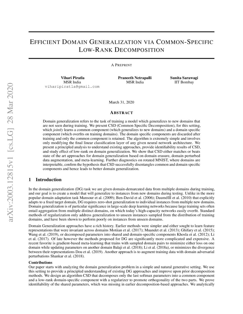 Efficient Domain Generalization Via Common Specific Low Rank