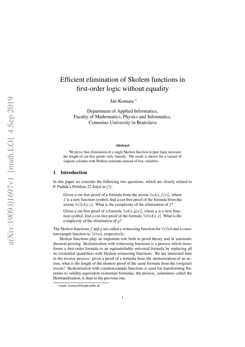 Efficient elimination of Skolem functions in first-order logic without equality | DeepAI