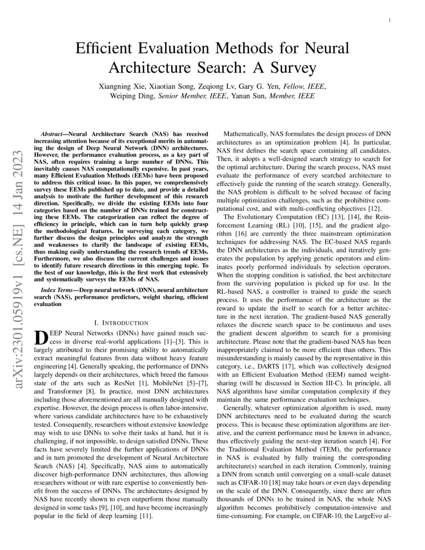 Efficient Evaluation Methods For Neural Architecture Search A Survey Deepai