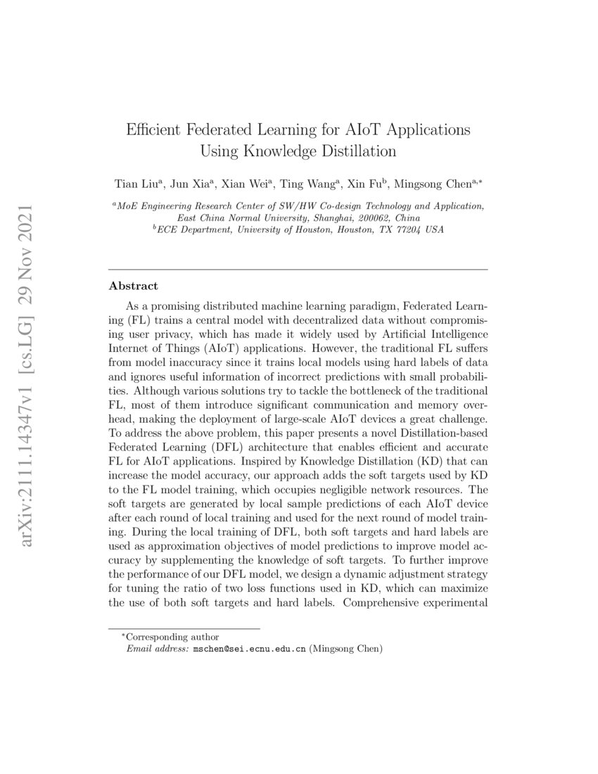 Efficient Federated Learning for AIoT Applications Using Knowledge Distillation | DeepAI