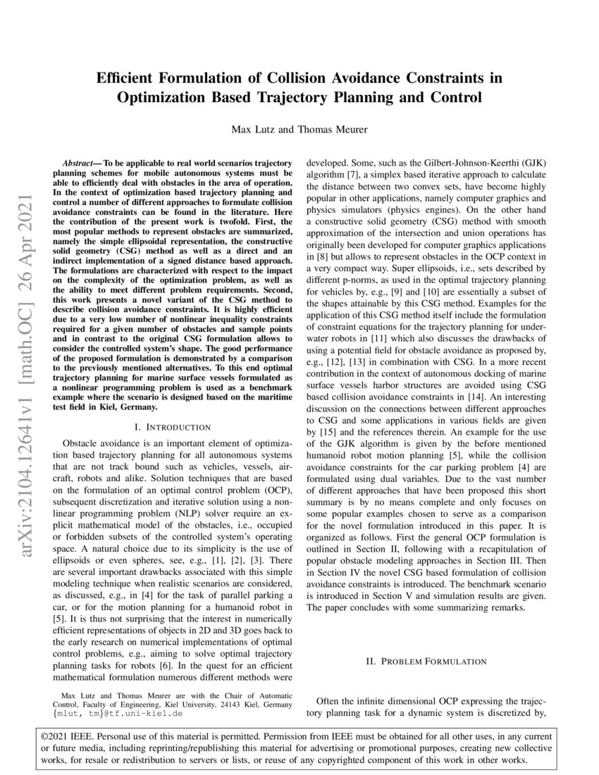 Efficient Formulation Of Collision Avoidance Constraints In Optimization Based Trajectory 8959