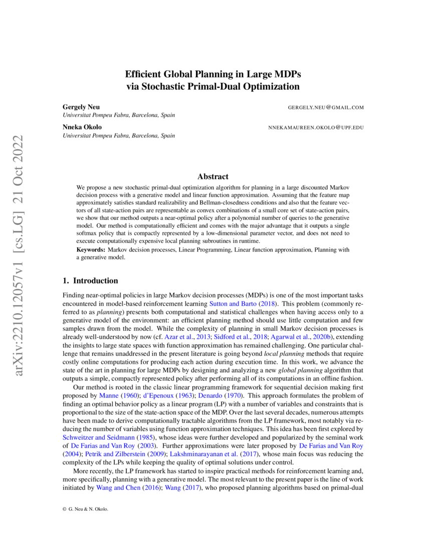 Efficient Global Planning In Large Mdps Via Stochastic Primal Dual Optimization Deepai