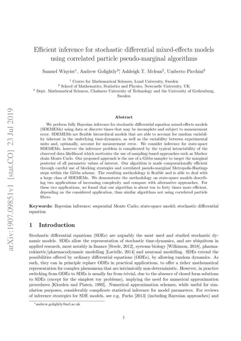 Efficient inference for stochastic differential mixed-effects models ... Efficient inference for stochastic differential mixed-effects models ...