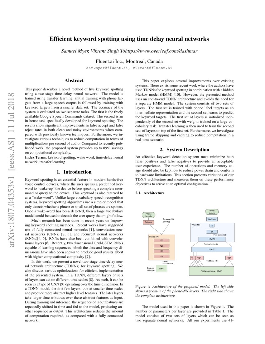 Efficient Keyword Spotting Using Time Delay Neural Networks Deepai