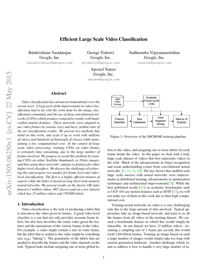 Efficient Large Scale Video Classification | DeepAI