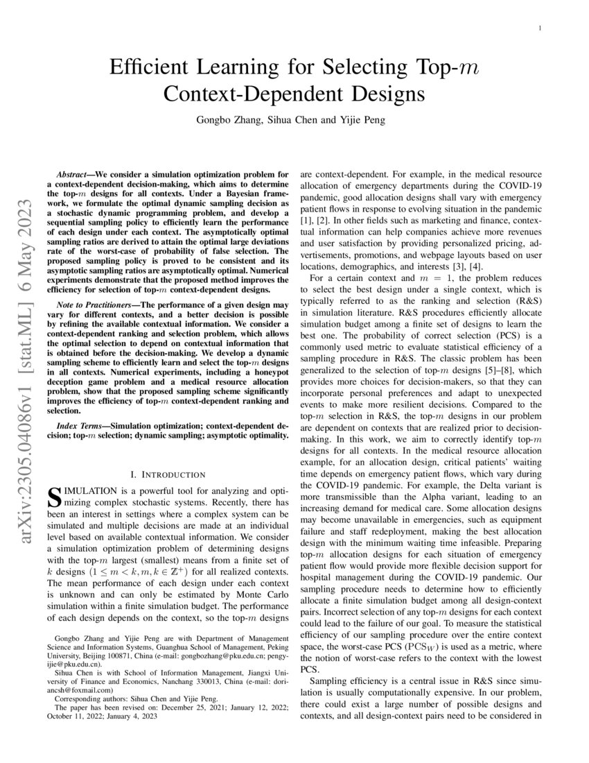 Efficient Learning for Selecting Top-m Context-Dependent Designs | DeepAI