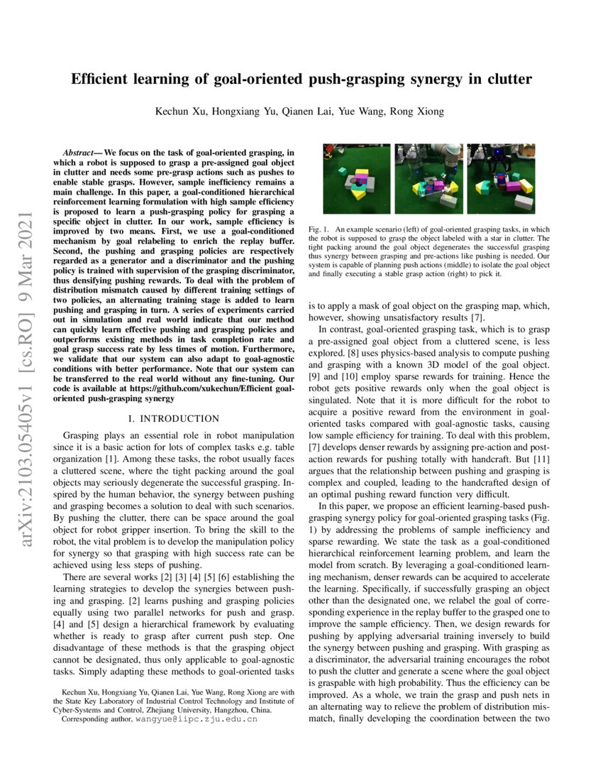 Efficient learning of goal-oriented push-grasping synergy in clutter | DeepAI