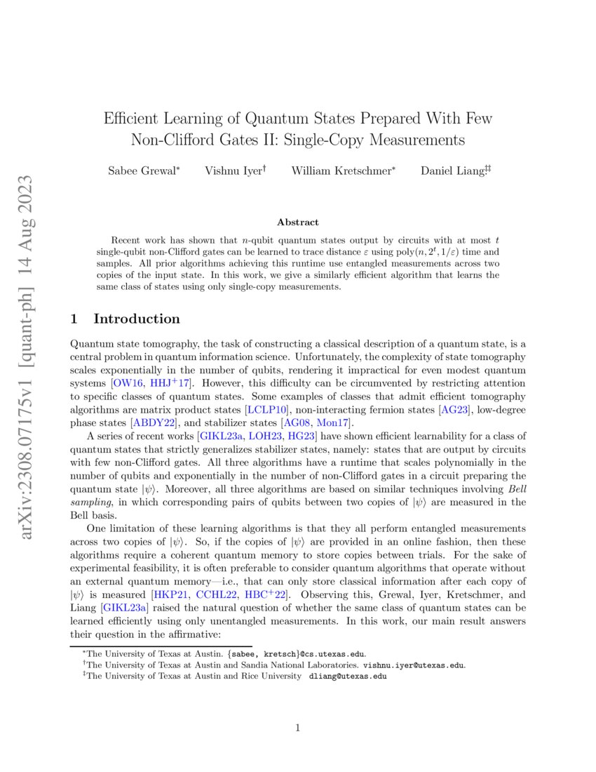 Efficient Learning Of Quantum States Prepared With Few Non Clifford Gates Ii Single Copy