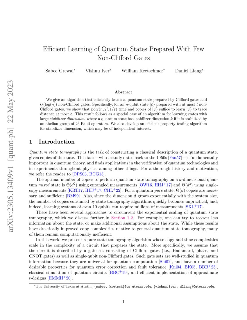 Efficient Learning Of Quantum States Prepared With Few Non Clifford Gates Deepai