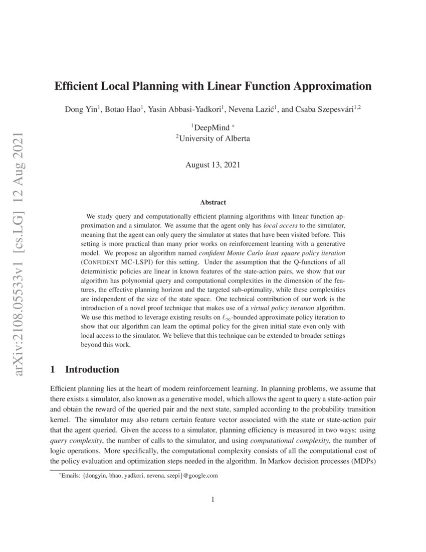 Efficient Local Planning With Linear Function Approximation Deepai