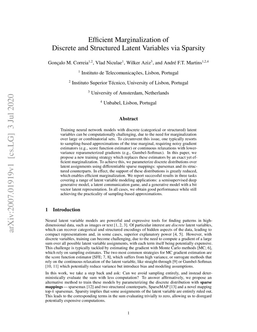Efficient Marginalization of Discrete and Structured Latent Variables via Sparsity | DeepAI