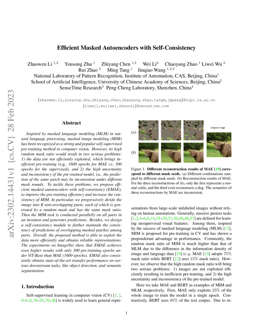 Efficient Masked Autoencoders with Self-Consistency | DeepAI