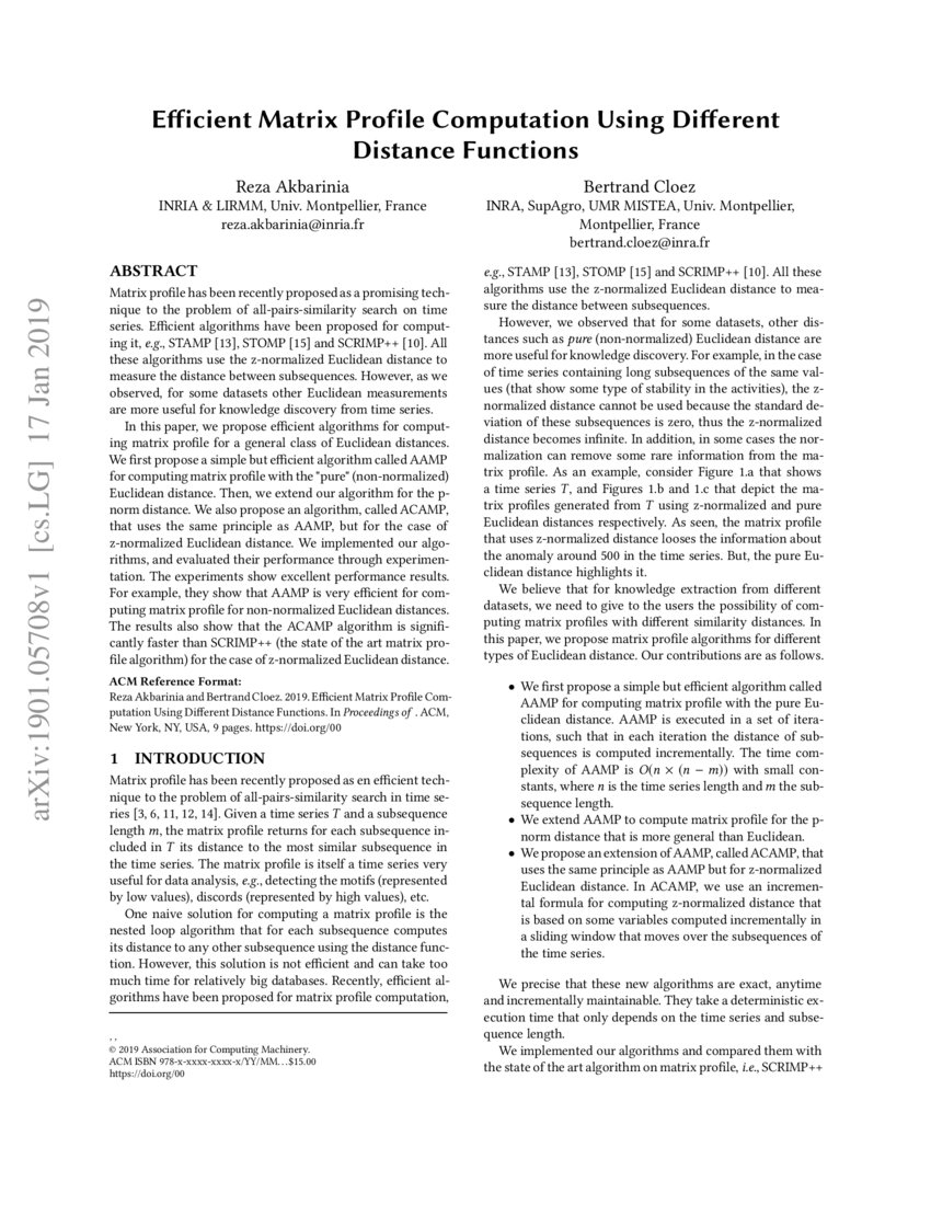 Efficient Matrix Profile Computation Using Different Distance Functions | DeepAI