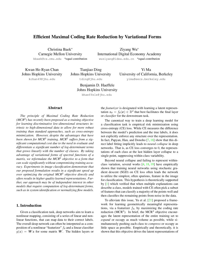 Efficient Maximal Coding Rate Reduction By Variational Forms Deepai