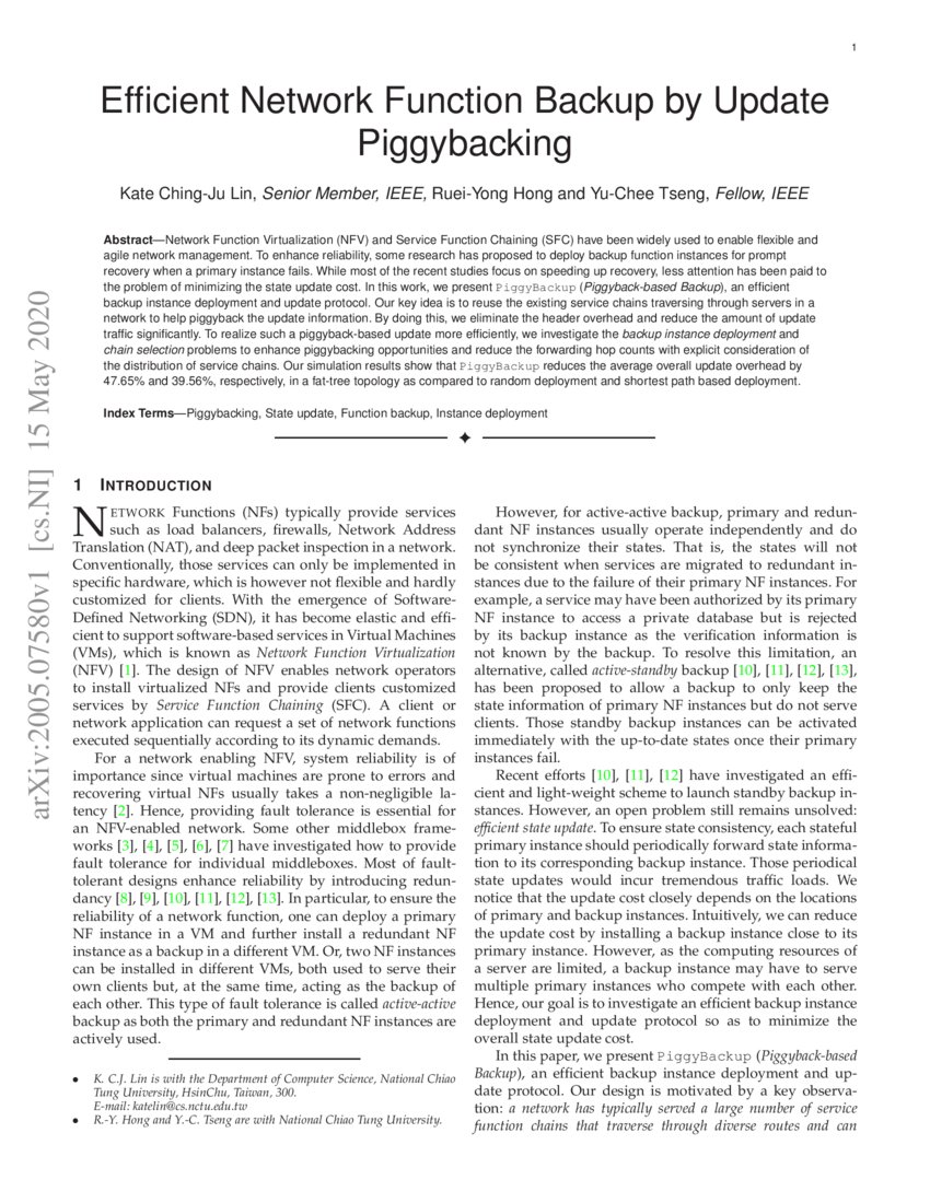 Efficient Network Function Backup by Update Piggybacking | DeepAI