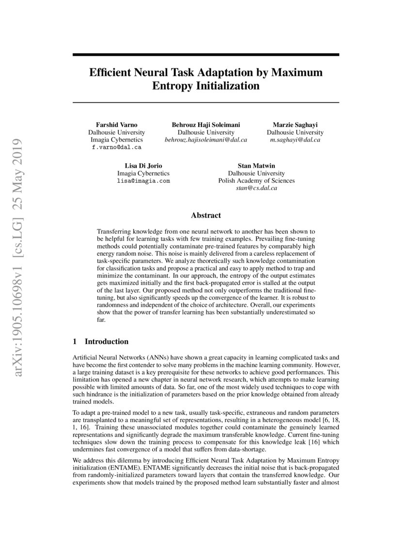 Efficient Neural Task Adaptation By Maximum Entropy Initialization Deepai