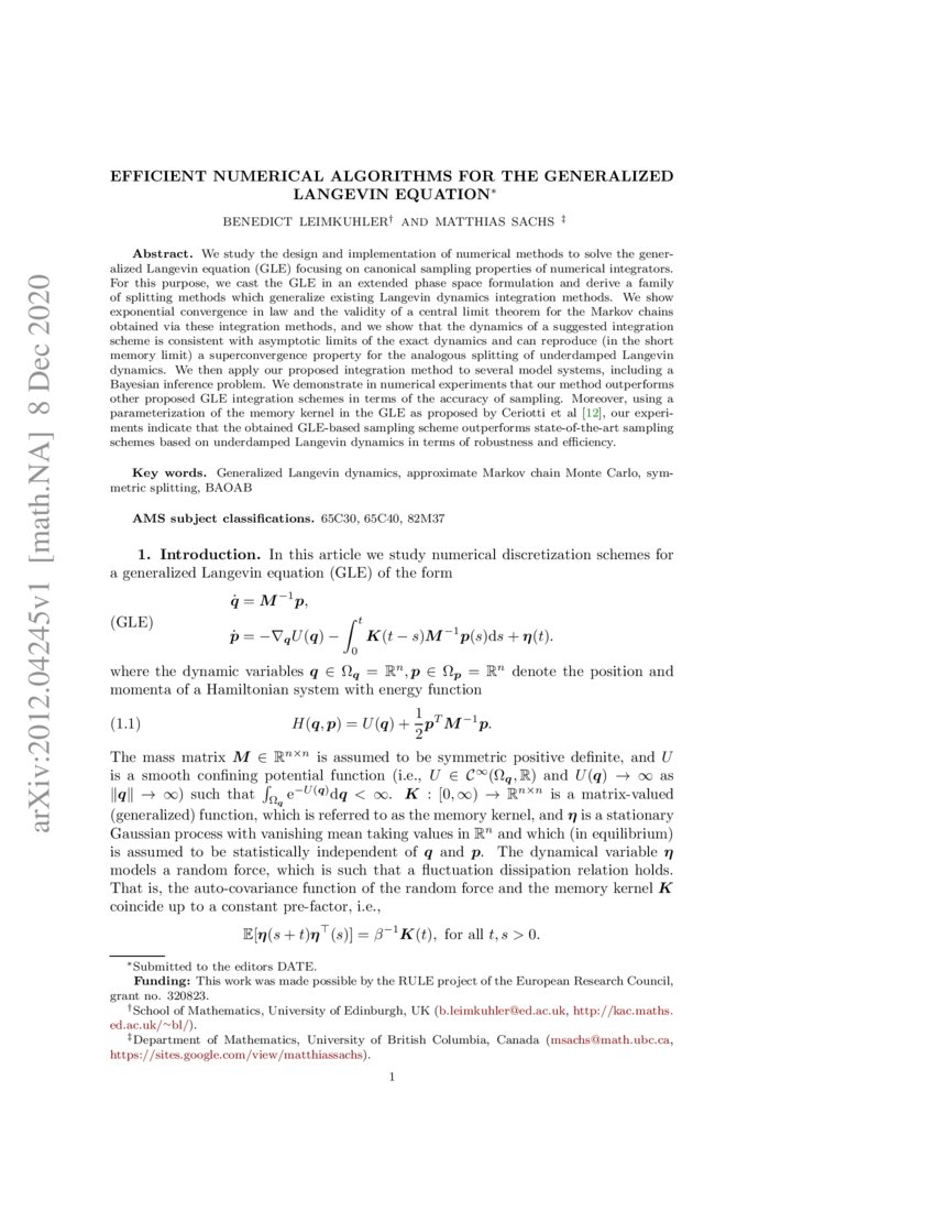 Efficient Numerical Algorithms for the Generalized Langevin Equation | DeepAI