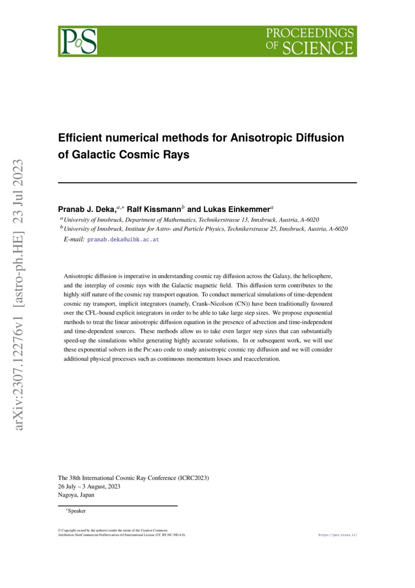 Efficient numerical methods for Anisotropic Diffusion of Galactic ...