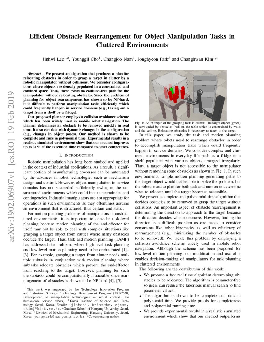 Efficient Obstacle Rearrangement for Object Manipulation Tasks in Cluttered Environments | DeepAI