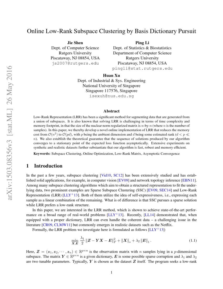 Efficient Online Minimization For Low Rank Subspace Clustering Deepai