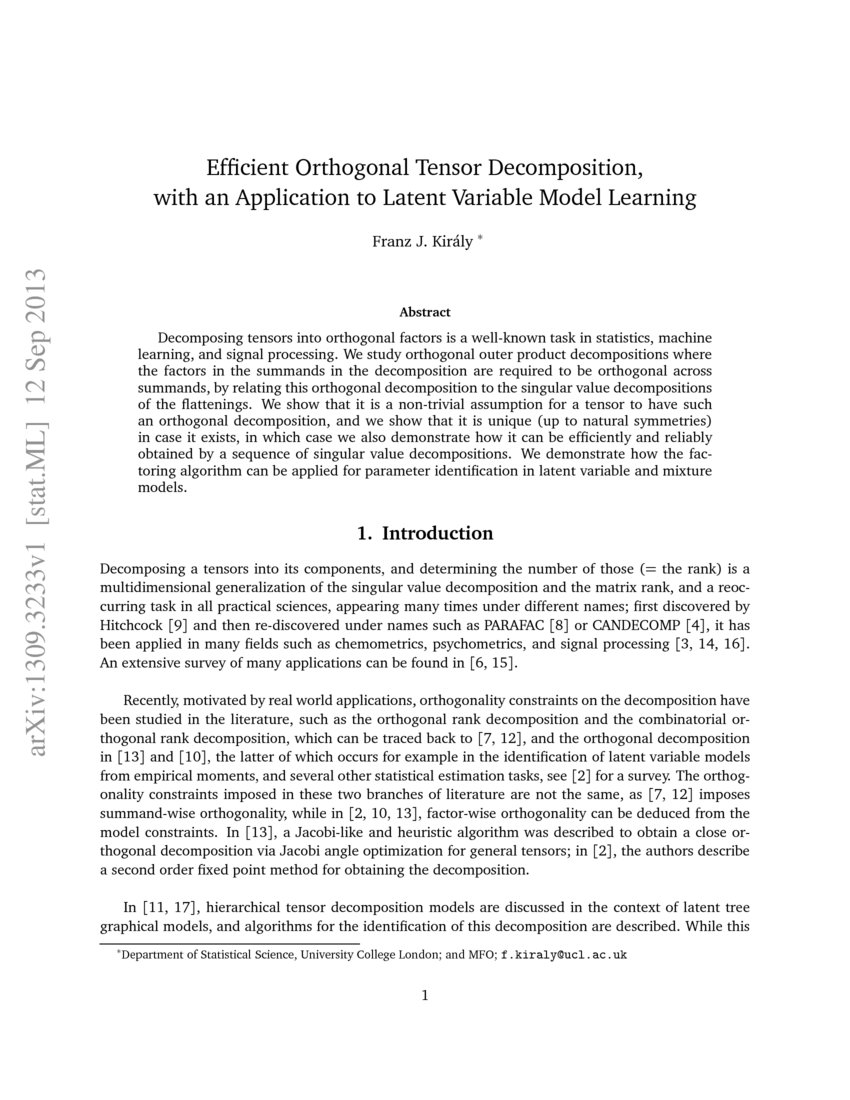Efficient Orthogonal Tensor Decomposition With An Application To Latent Variable Model Learning