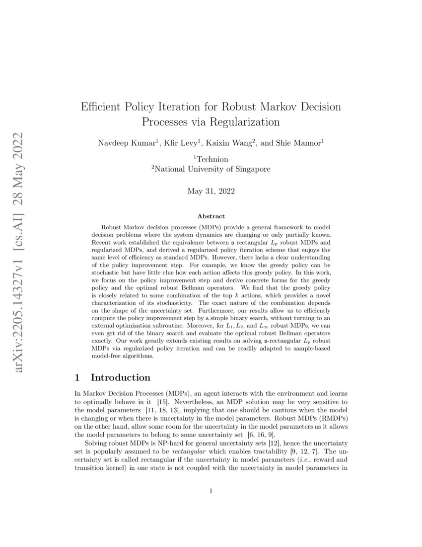 Efficient Policy Iteration For Robust Markov Decision Processes Via Regularization Deepai