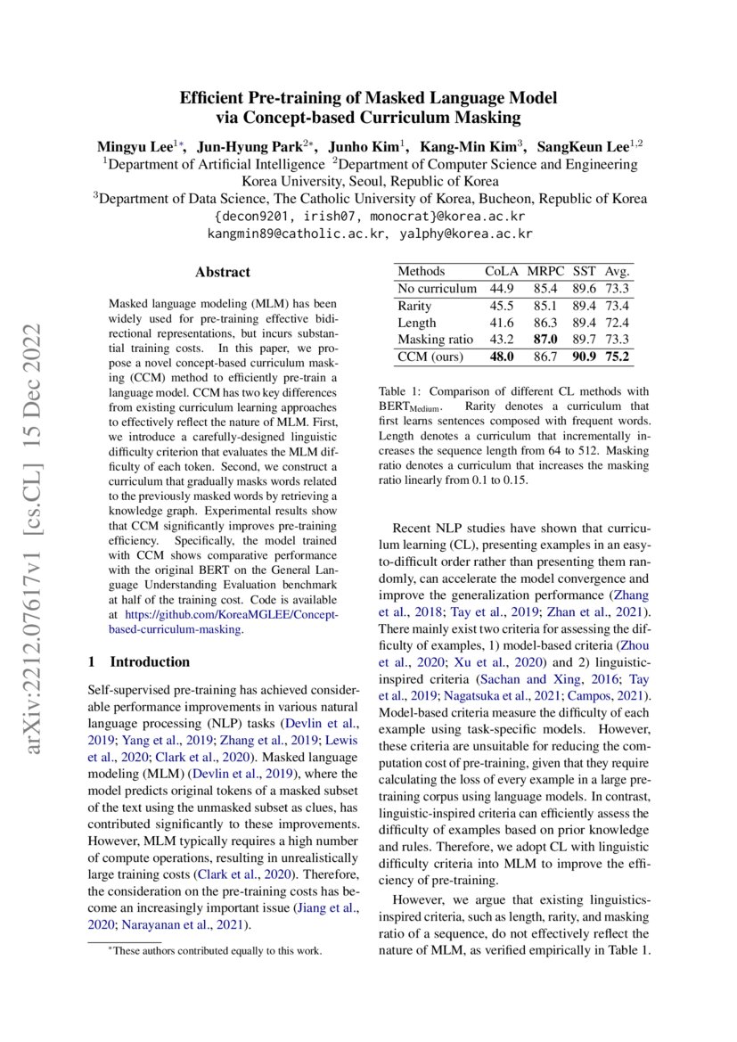 Efficient Pre Training Of Masked Language Model Via Concept Based Curriculum Masking Deepai