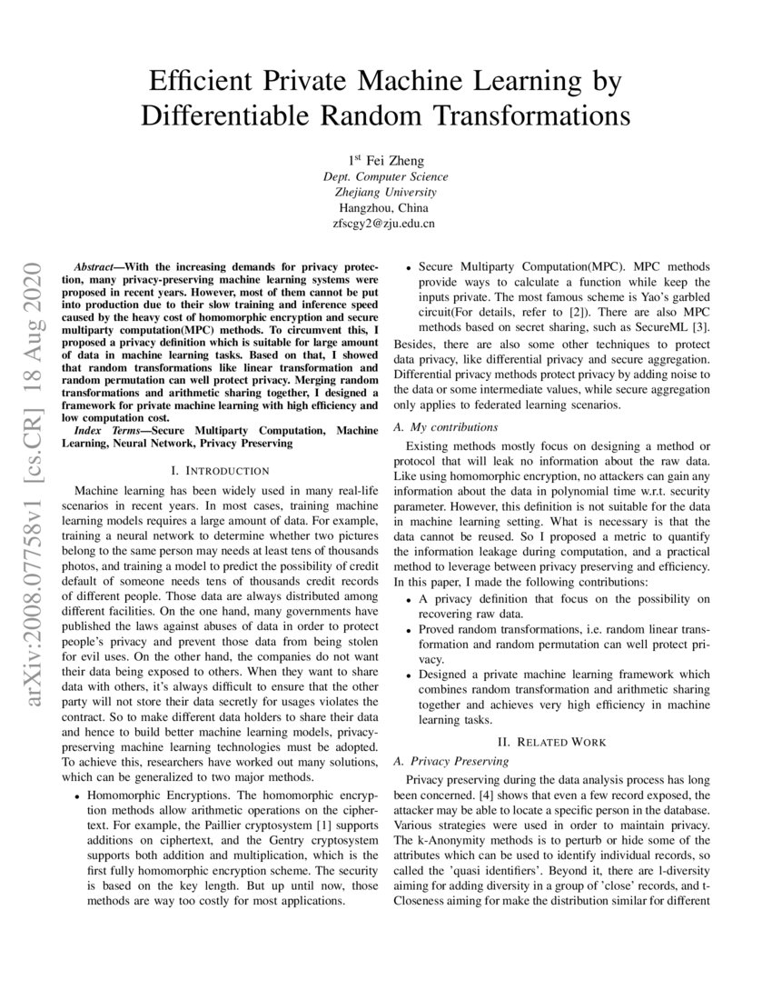 Efficient Private Machine Learning By Differentiable Random Transformations Deepai