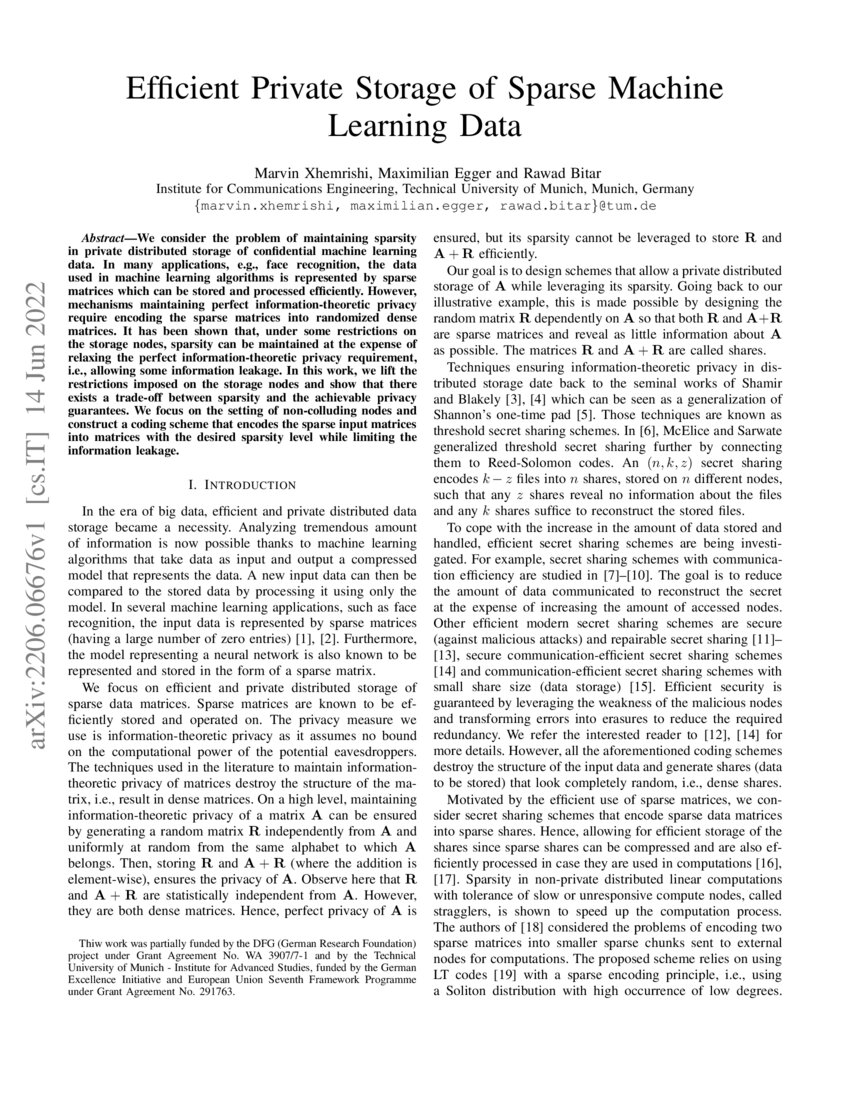 Efficient Private Storage Of Sparse Machine Learning Data Deepai