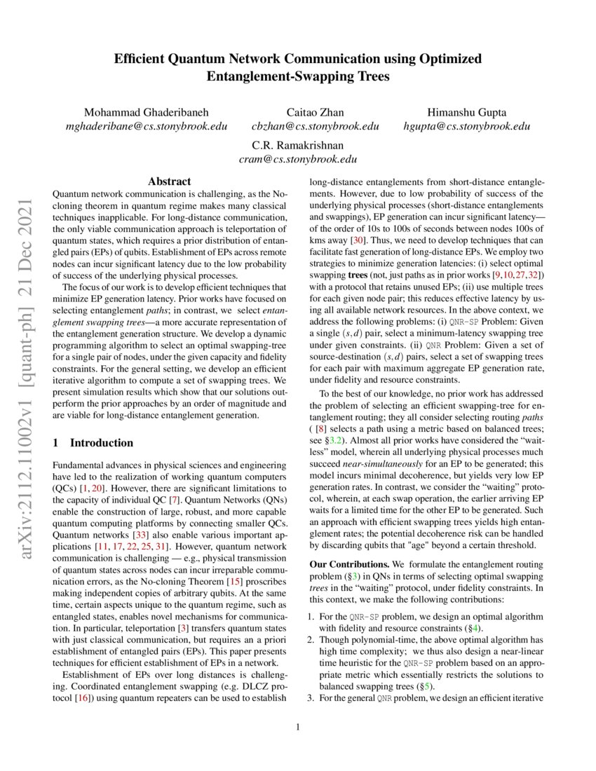 Efficient Quantum Network Communication using Optimized Entanglement-Swapping Trees | DeepAI