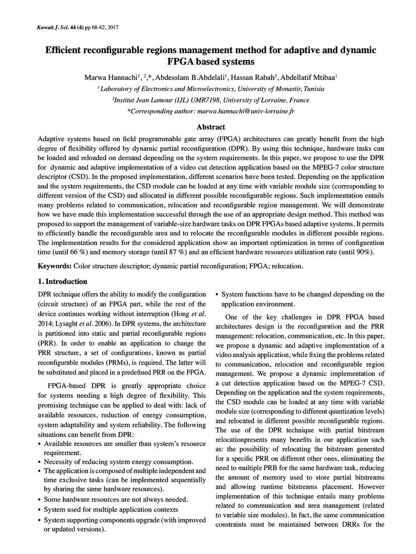 Efficient reconfigurable regions management method for adaptive and dynamic FPGA based systems ...
