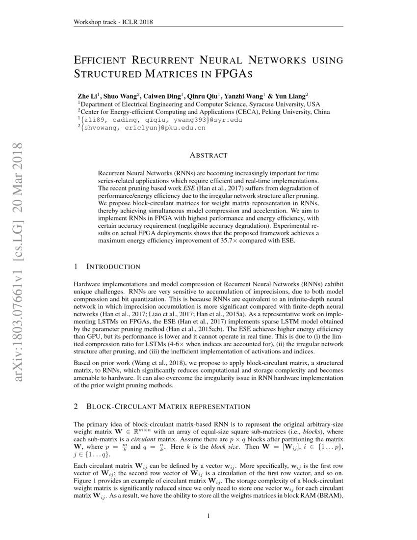 Efficient Recurrent Neural Networks Using Structured Matrices In Fpgas Deepai