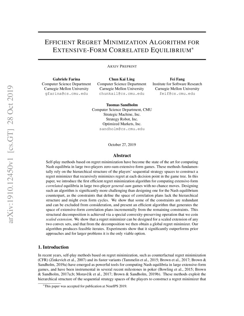 Efficient Regret Minimization Algorithm For Extensive Form Correlated Equilibrium Deepai