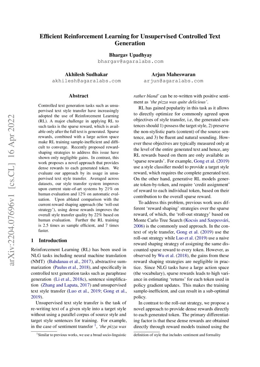 Efficient Reinforcement Learning for Unsupervised Controlled Text Generation | DeepAI