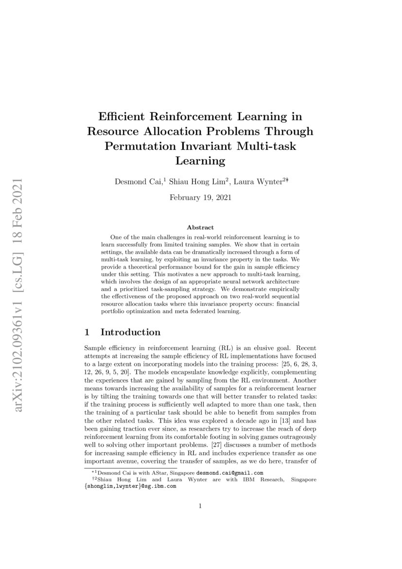 Efficient Reinforcement Learning In Resource Allocation Problems