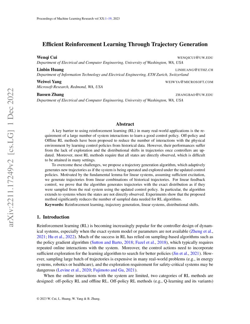 Efficient Reinforcement Learning Through Trajectory Generation | DeepAI Efficient Reinforcement Learning Through Trajectory Generation | DeepAI