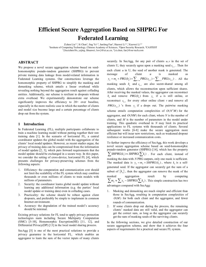 Efficient Secure Aggregation Based on SHPRG For Federated Learning | DeepAI