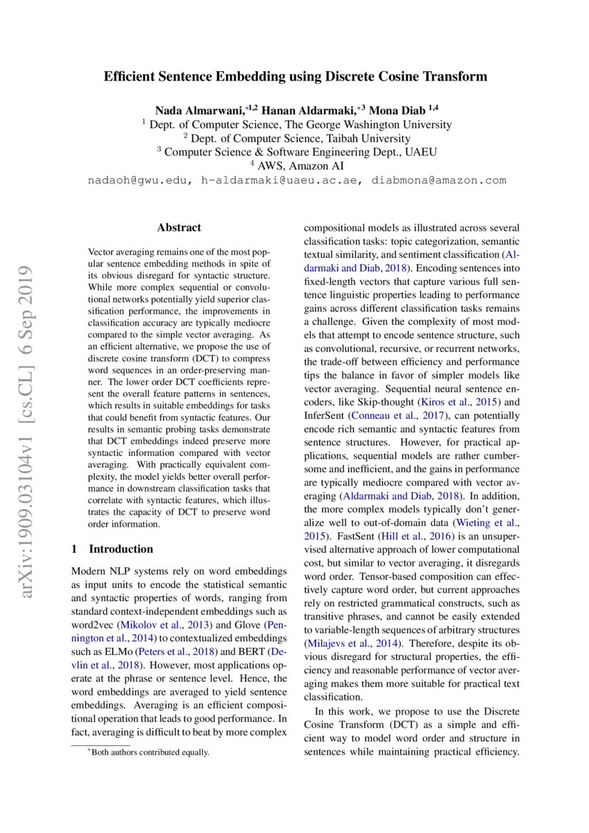 Efficient Sentence Embedding Using Discrete Cosine Transform Deepai