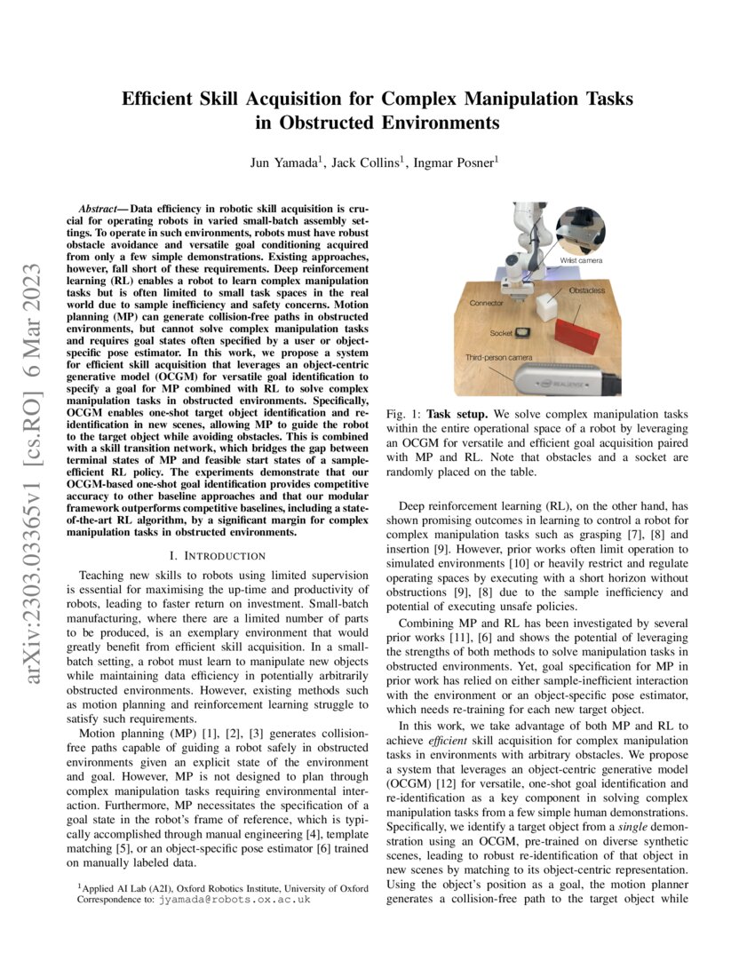 Efficient Skill Acquisition for Complex Manipulation Tasks in Obstructed Environments | DeepAI