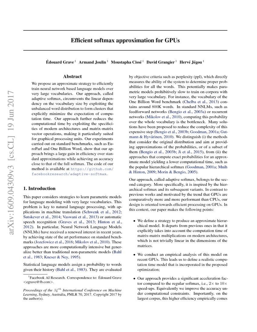 Efficient softmax approximation for GPUs | DeepAI
