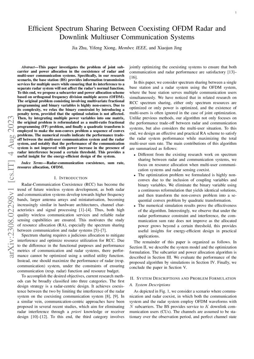 Efficient Spectrum Sharing Between Coexisting Ofdm Radar And Downlink Multiuser Communication 