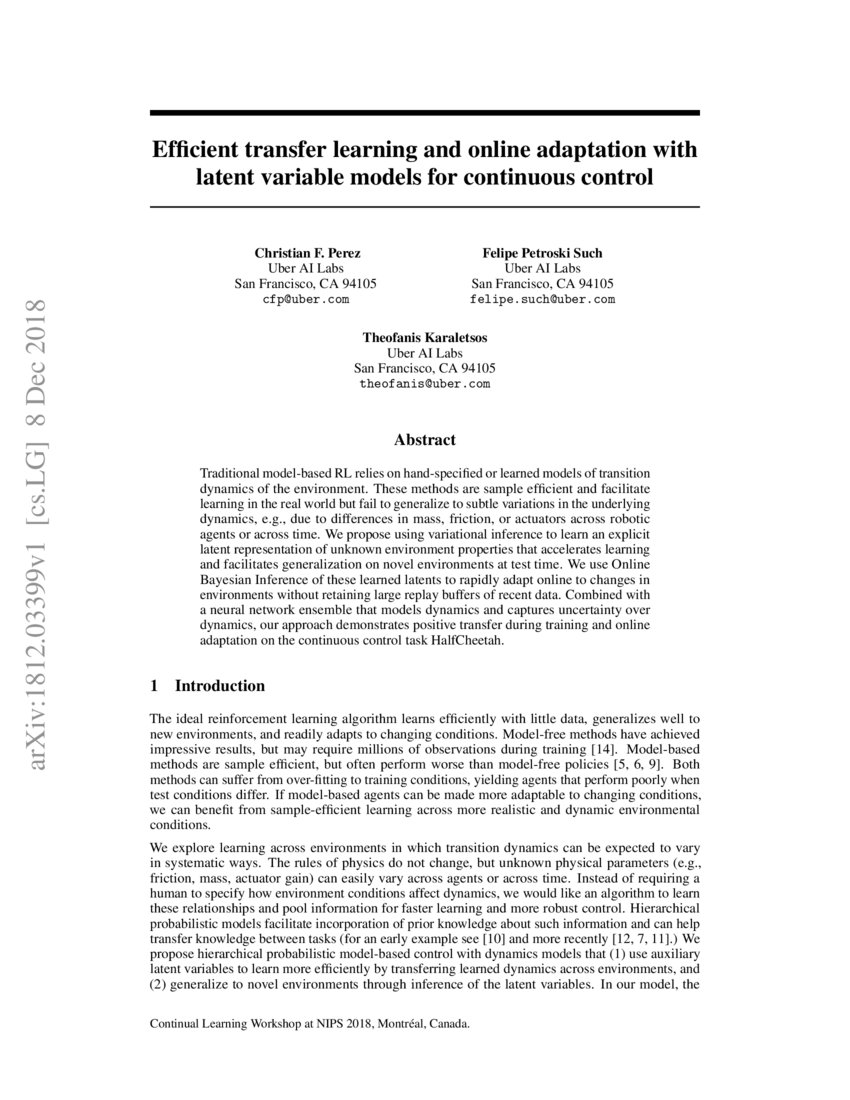 Efficient transfer learning and online adaptation with latent variable models for continuous ...