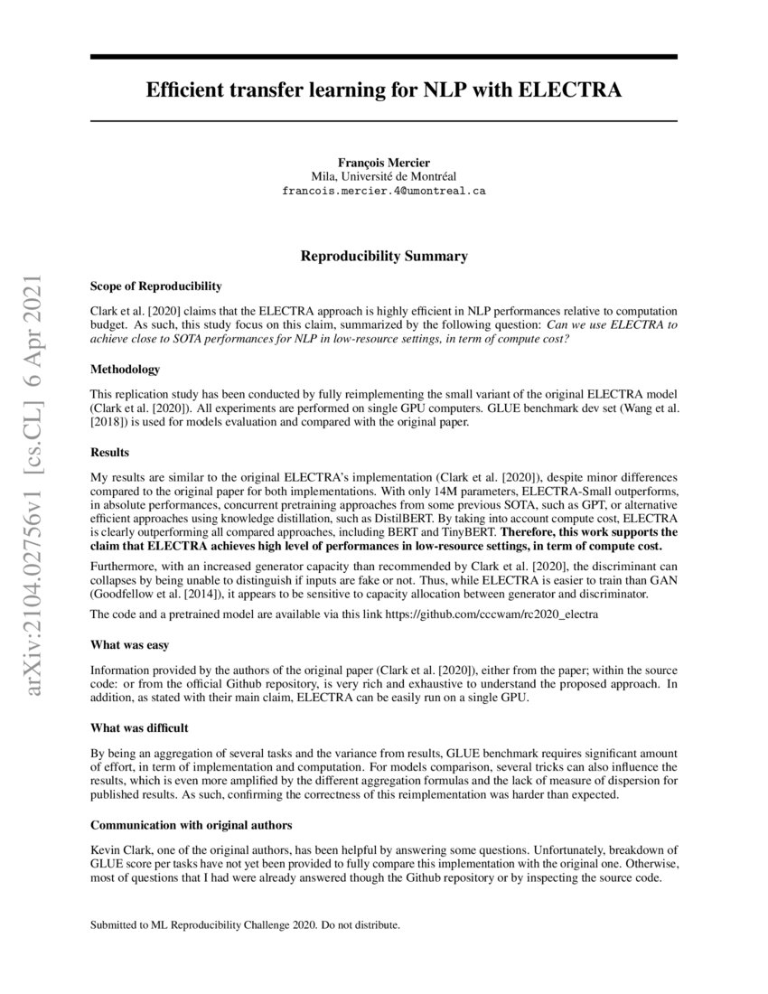 Efficient transfer learning for NLP with ELECTRA | DeepAI