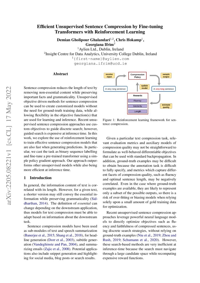 Efficient Unsupervised Sentence Compression by Fine-tuning Transformers with Reinforcement ...