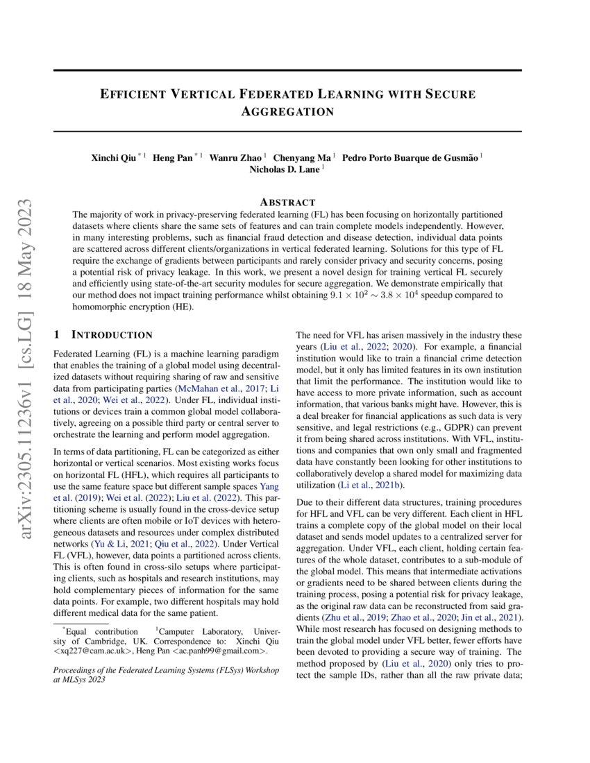 Efficient Vertical Federated Learning with Secure Aggregation | DeepAI Efficient Vertical Federated Learning with Secure Aggregation | DeepAI