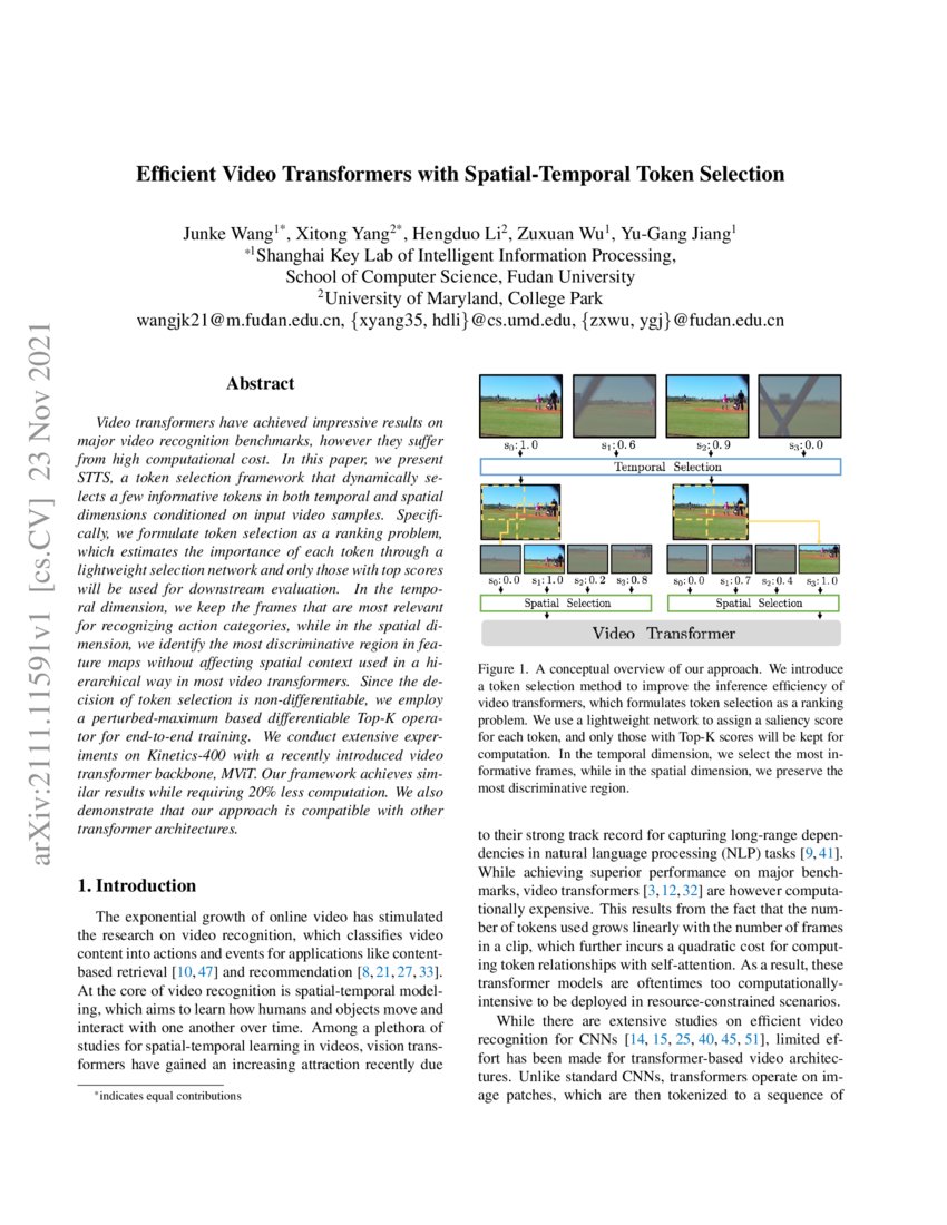 Efficient Video Transformers with Spatial-Temporal Token Selection | DeepAI