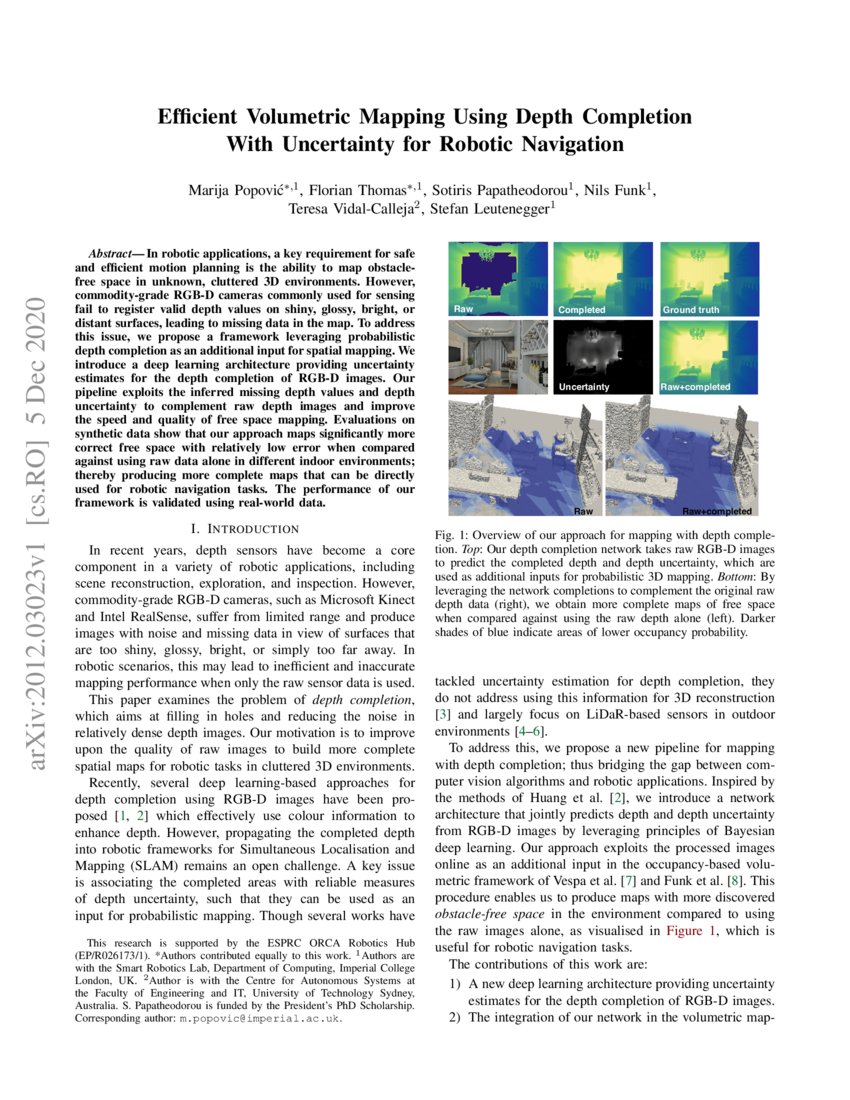 Efficient Volumetric Mapping Using Depth Completion With Uncertainty for Robotic Navigation | DeepAI