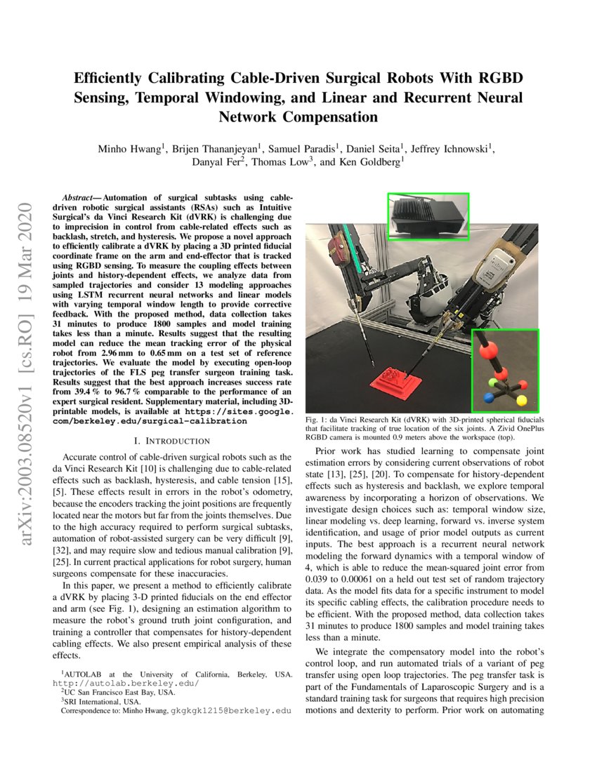 Efficiently Calibrating Cable-Driven Surgical Robots With RGBD Sensing, Temporal Windowing, and ...