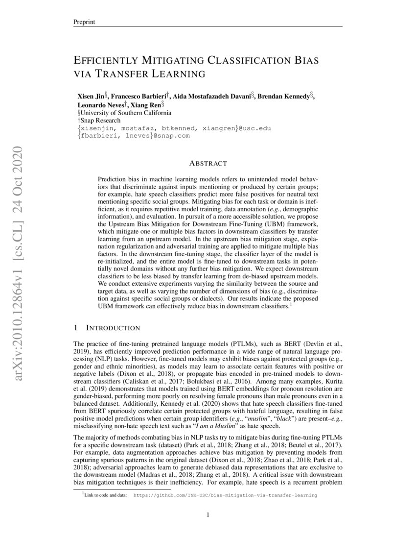 Efficiently Mitigating Classification Bias via Transfer Learning | DeepAI
